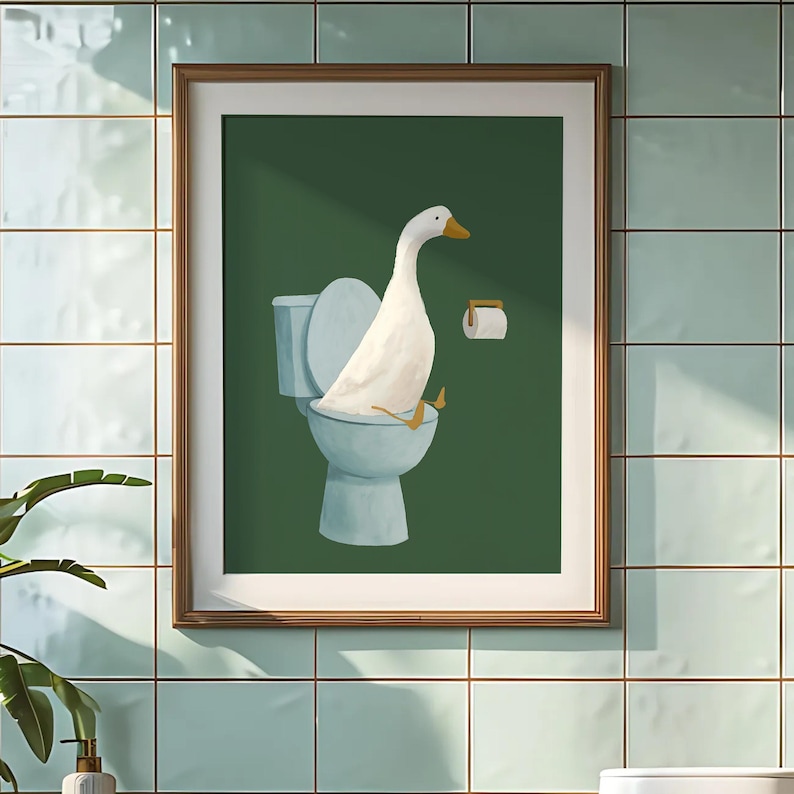 Funny Goose Sitting on Toilet Flush Toilet Print: Quirky Bathroom Wall ...