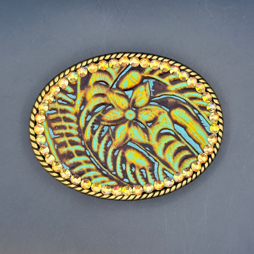 Embossed Leather Belt Buckle With Crystal Surround - Etsy