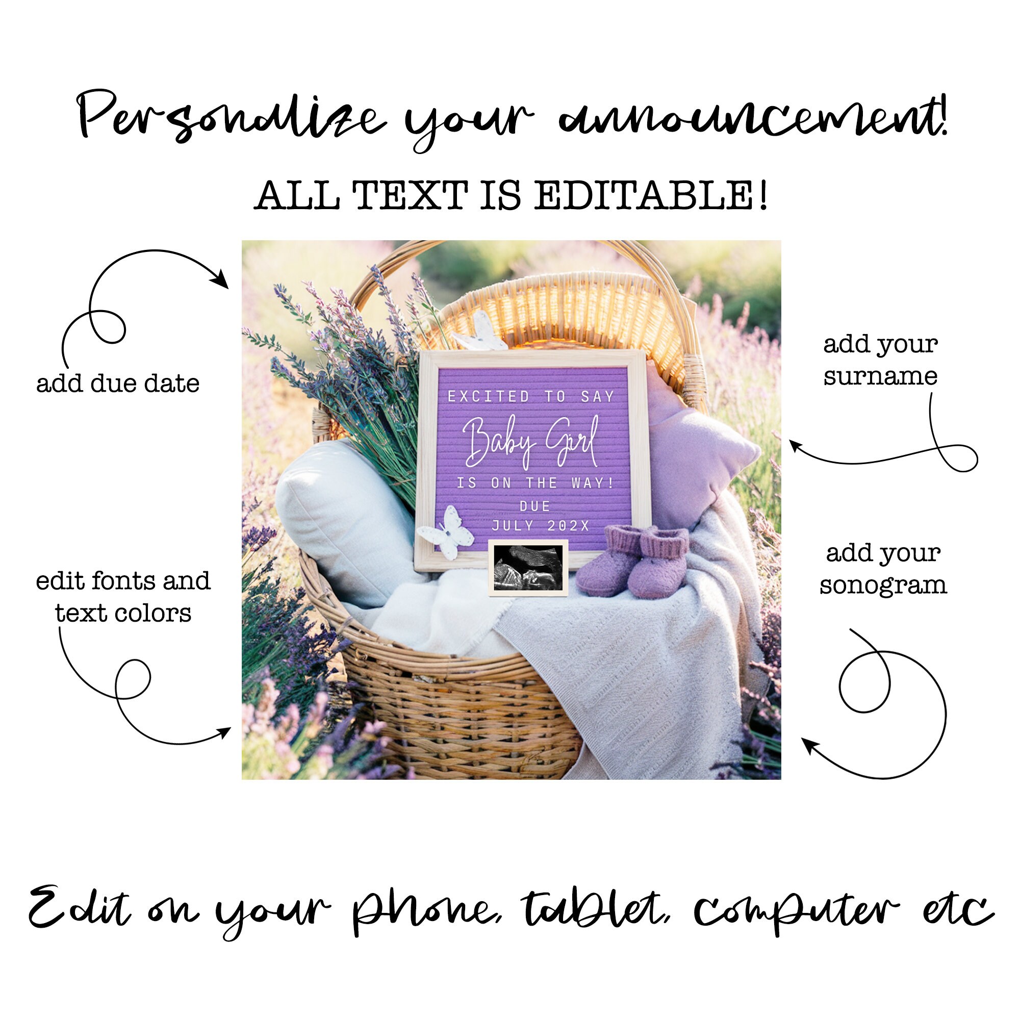 Purple Pregnancy Announcement Digital Lavender Girl Theme Gender Reveal ...