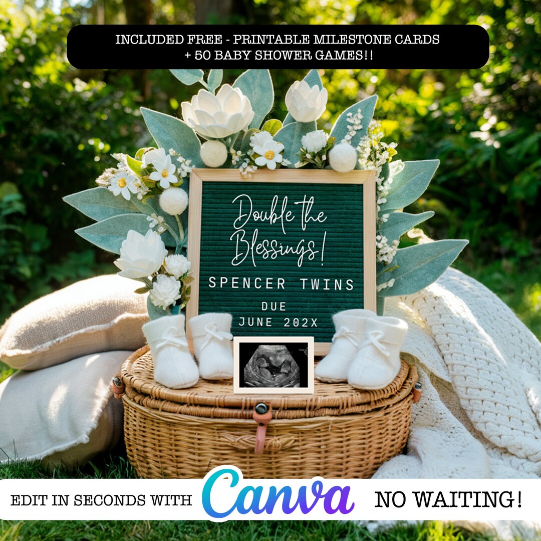 Twin Pregnancy Announcement Digital, Gender Neutral Girl Boy Twin Baby ...