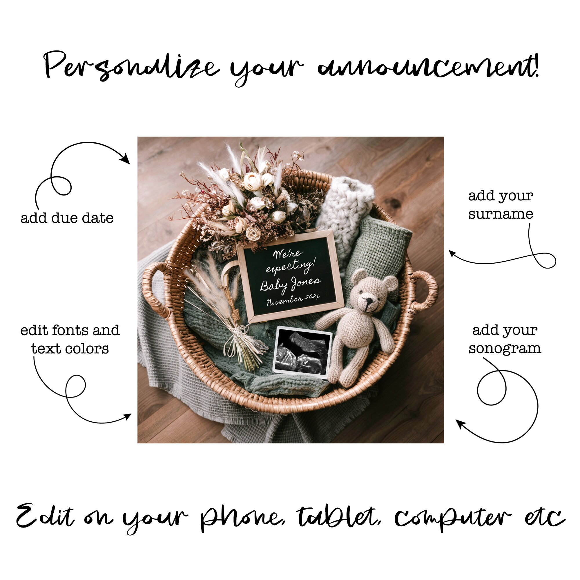 Gender Neutral Digital Pregnancy Announcement - Boho Baby Announcement ...
