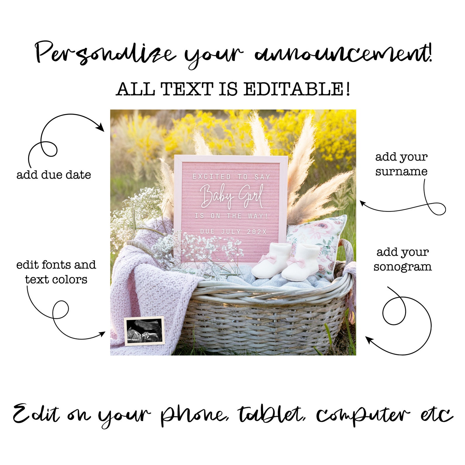 Girl Pregnancy Announcement Digital Pink Announcement Gender Reveal for ...