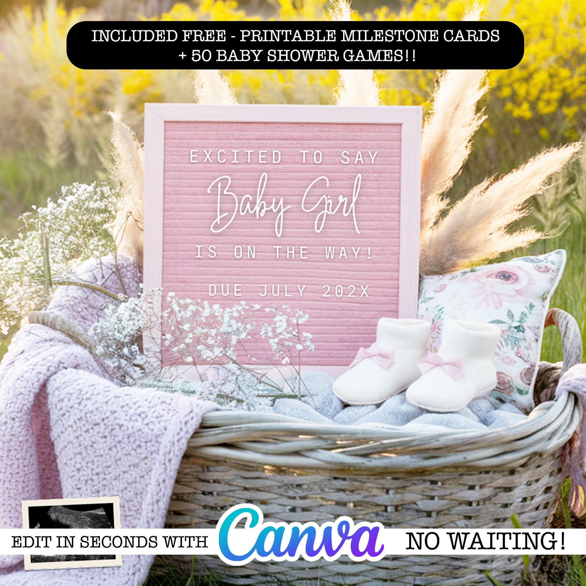 Girl Pregnancy Announcement Digital Pink Announcement Gender Reveal for ...