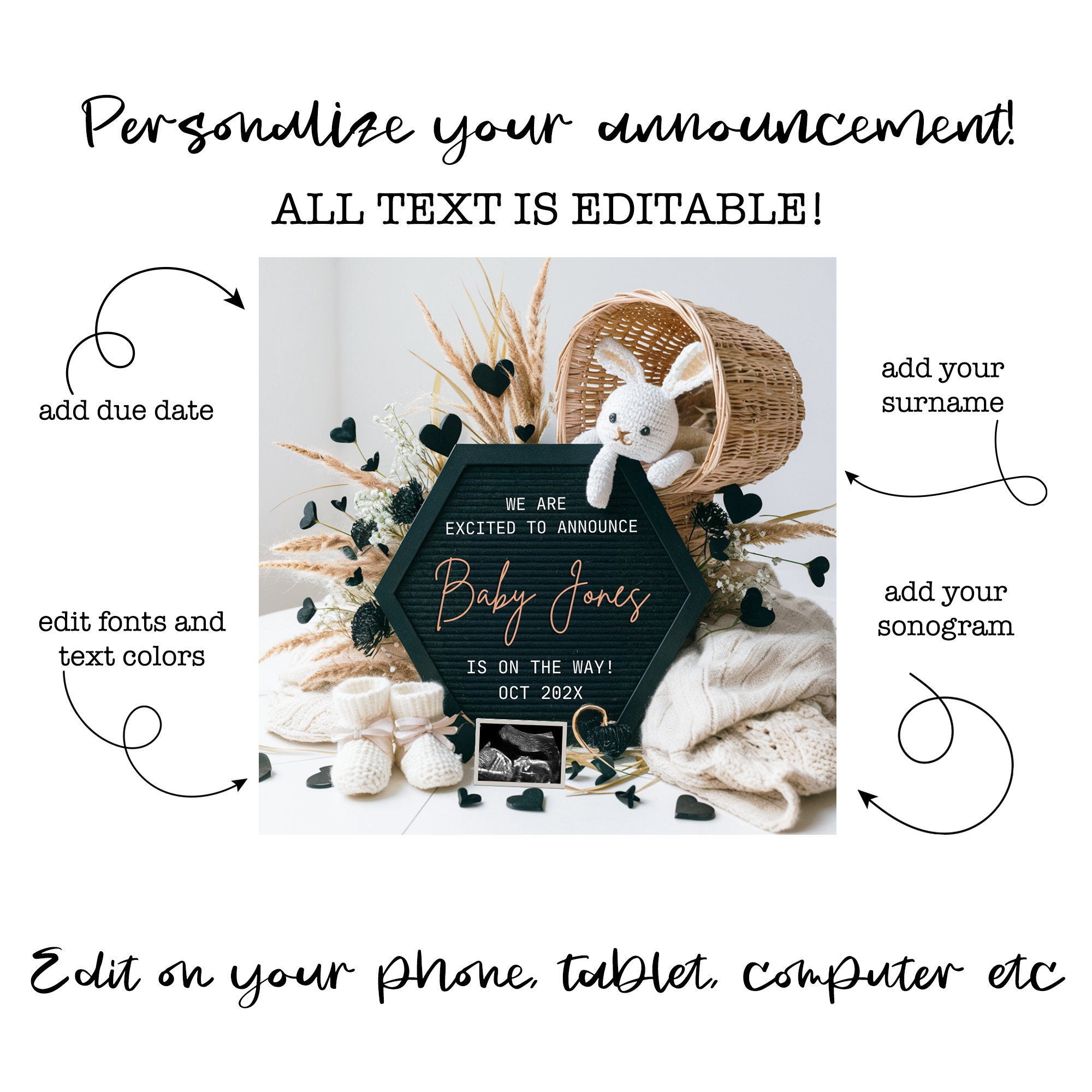 Digital Pregnancy Announcement, Goth Boho Gender Neutral Baby ...