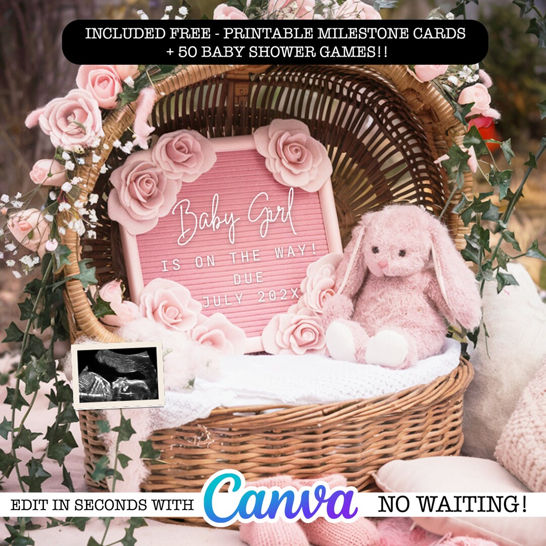 Girl Pregnancy Announcement Digital | Pink Announcement | Gender Reveal ...