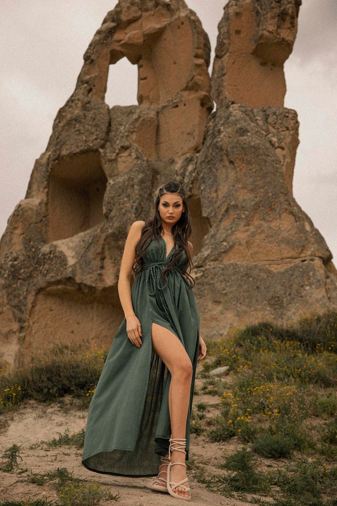 Khaki Greek Goddess Dress,backless Turkish Cotton Dress,wedding Guest ...