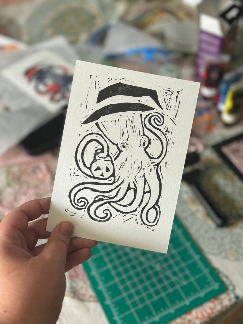 Halloween Octopus Black One Color Ink Lino Block Print 5in by 7in ...