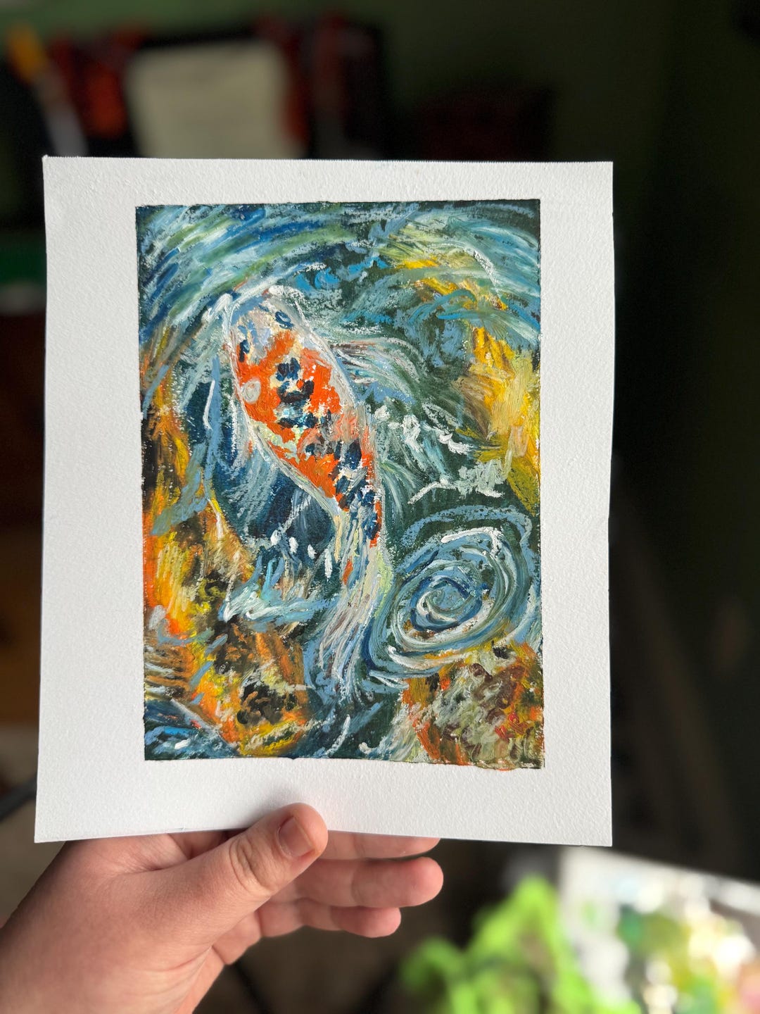 Koi Fish Oil Pastel 5x7in Landscape - Etsy