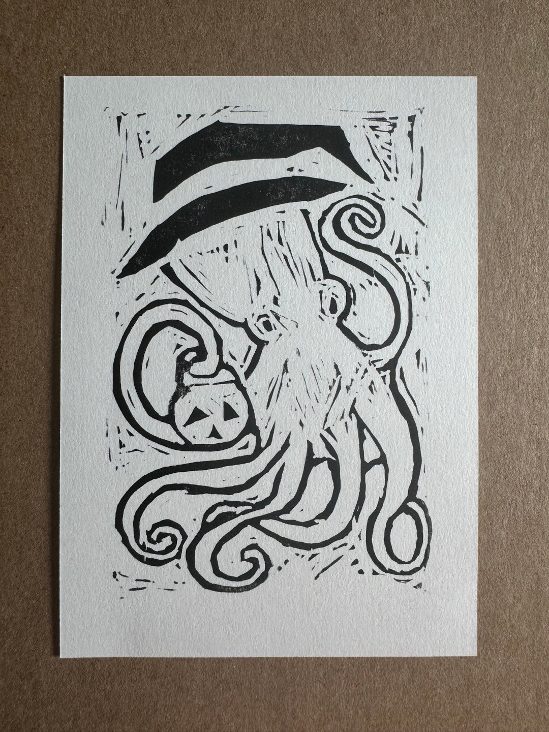 Halloween Octopus Black One Color Ink Lino Block Print 5in by 7in ...
