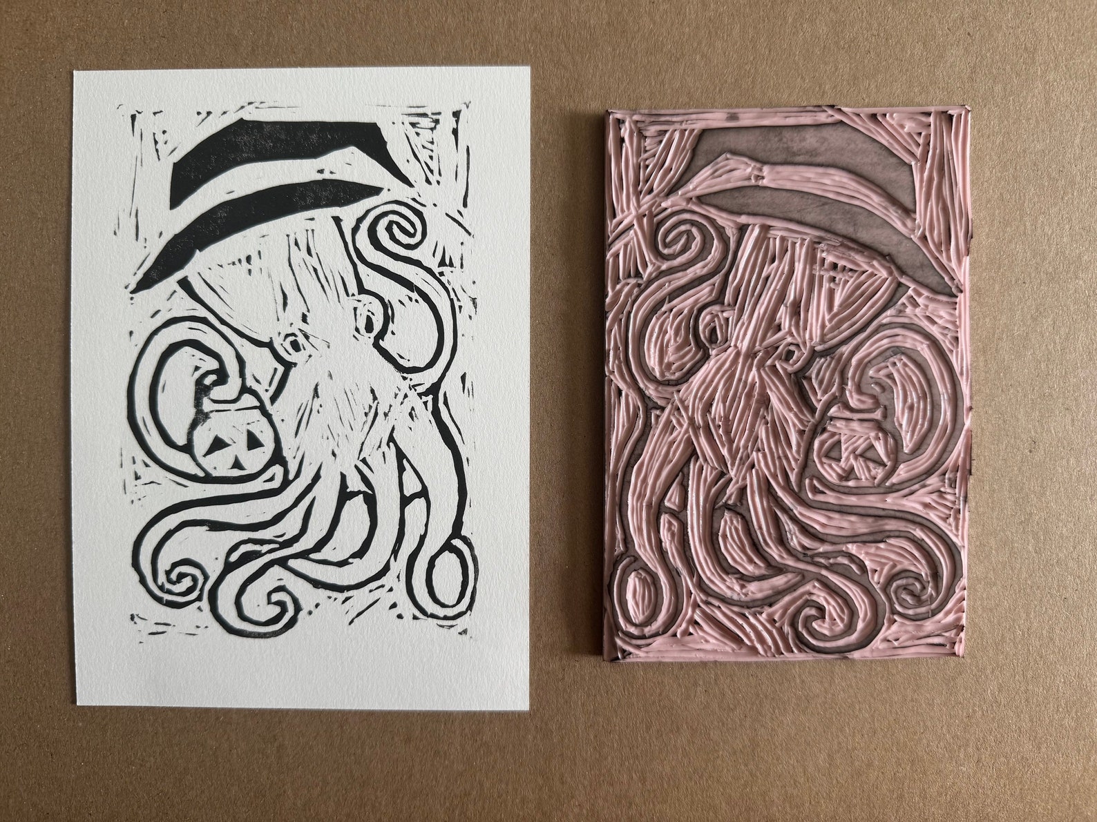 Halloween Octopus Black One Color Ink Lino Block Print 5in by 7in ...