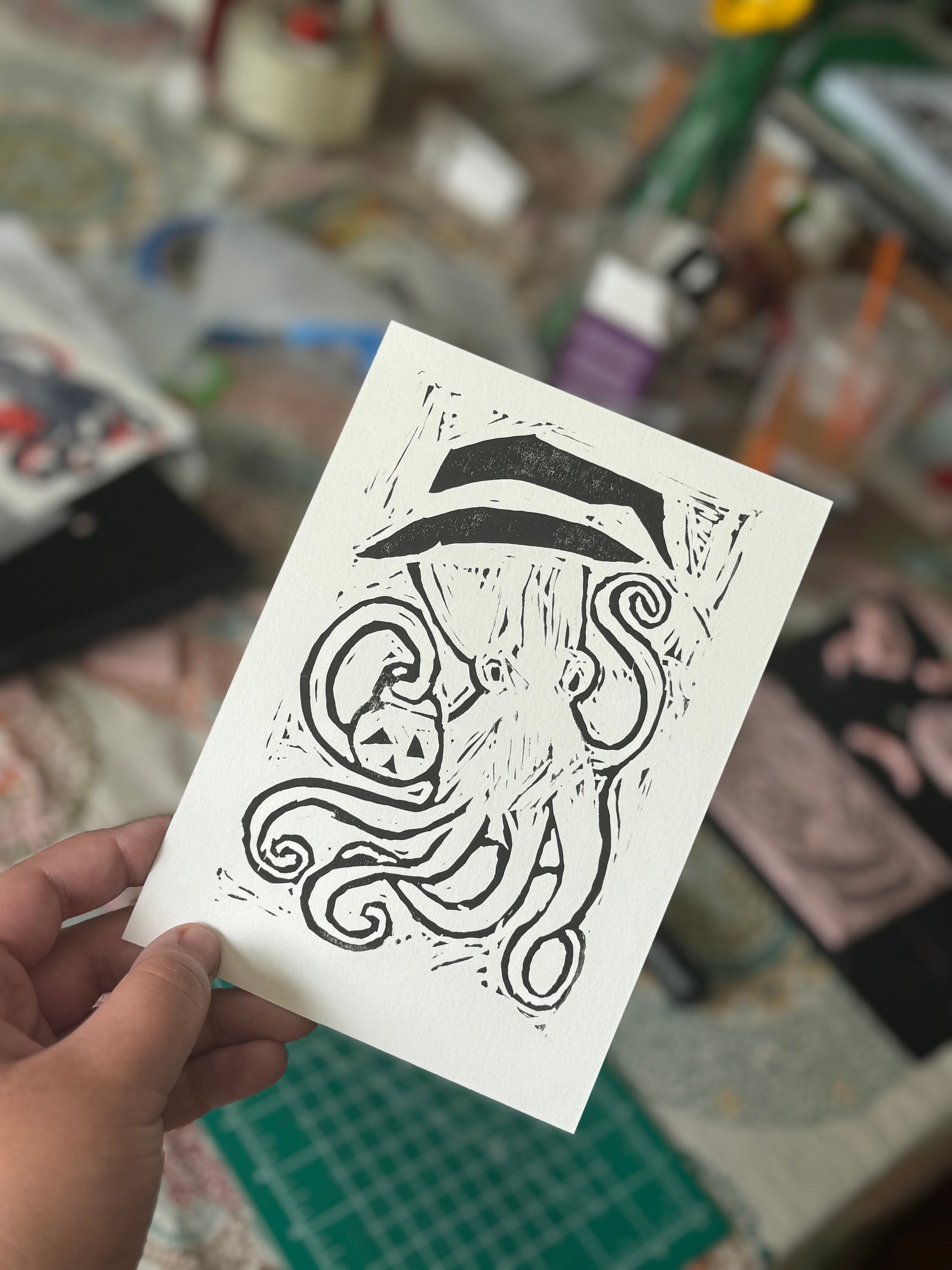 Halloween Octopus Black One Color Ink Lino Block Print 5in by 7in ...