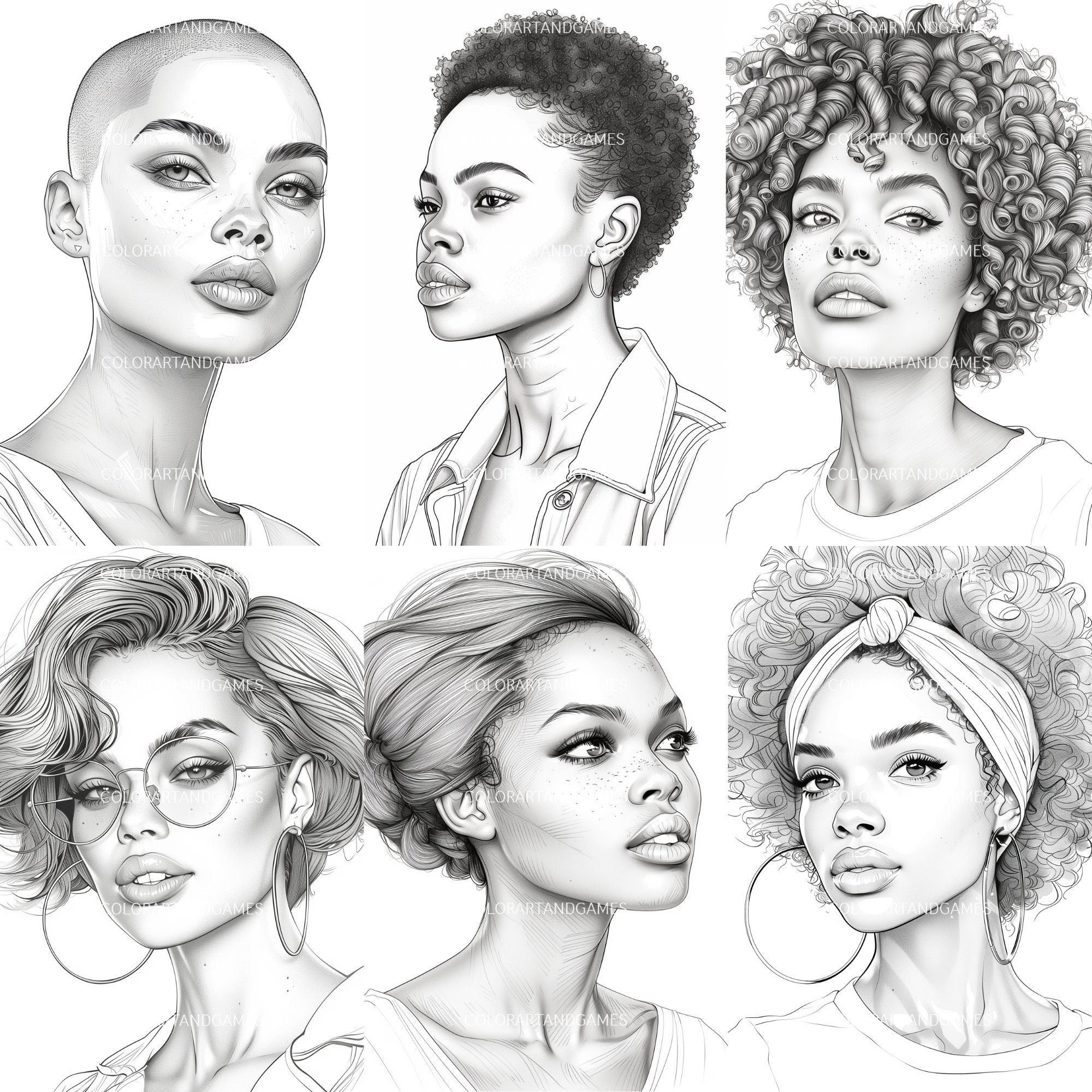 Black Women Short Hairstyles Portraits Coloring Pages, Adult & Teens ...