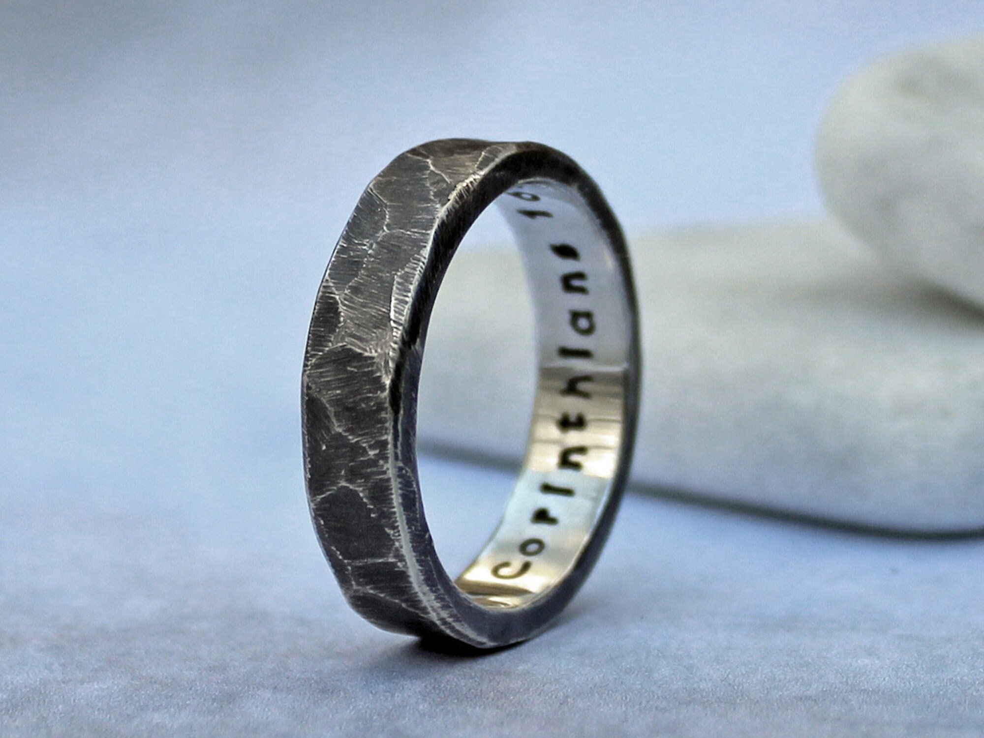 Personalised Rustic Wedding Ring Custom Engraved Rough Hewn - Etsy