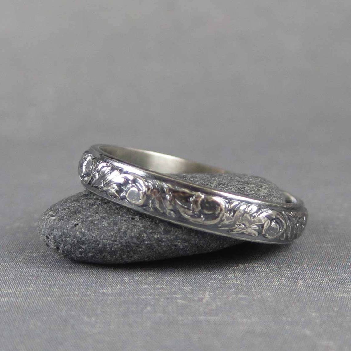 Floral Silver Band One Sterling Silver Ring Antique or - Etsy
