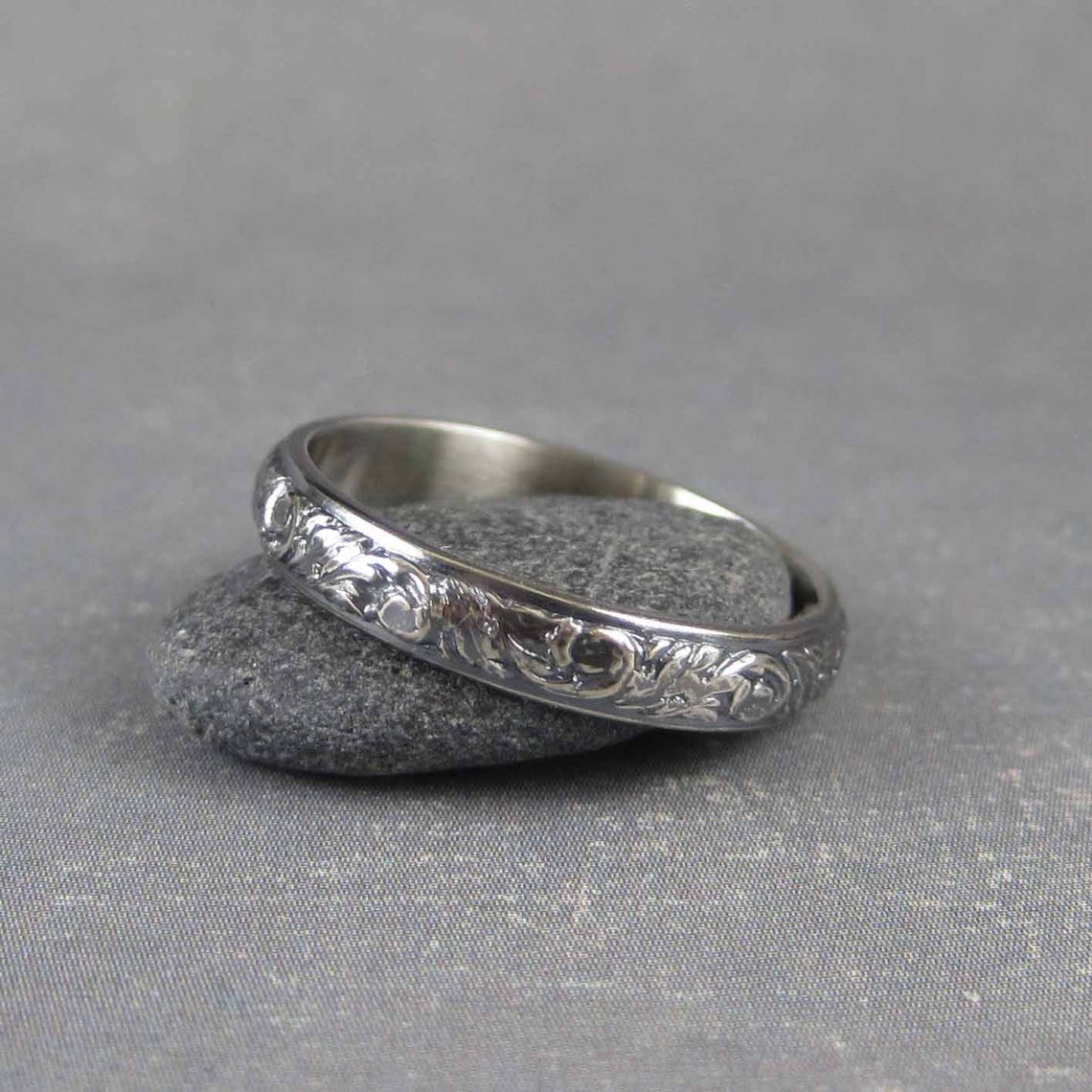 Floral Silver Band One Sterling Silver Ring Antique or - Etsy