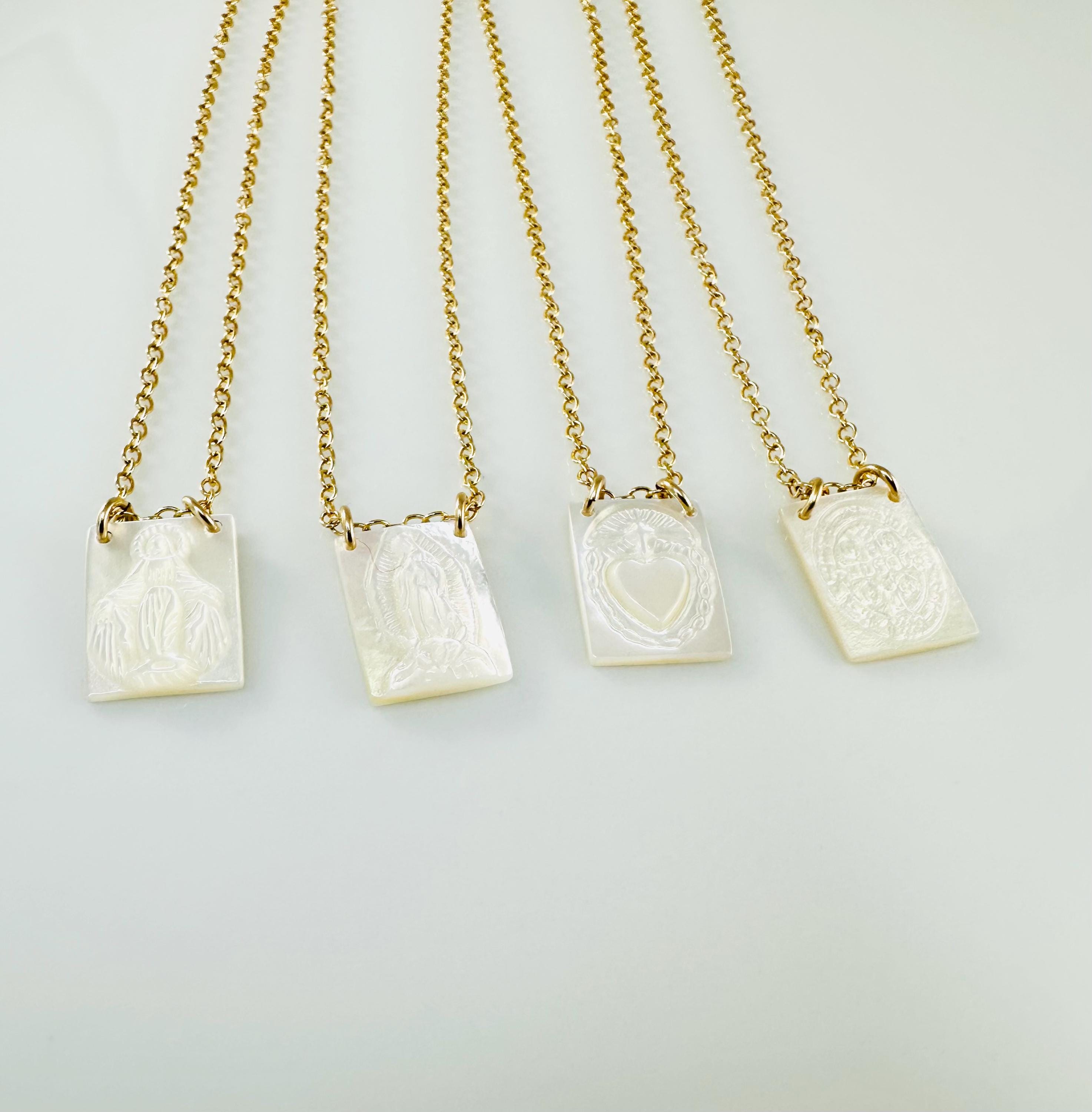 Gold Mother of Pearl Scapular Necklace,sacred Heart Miraculous Virgin ...