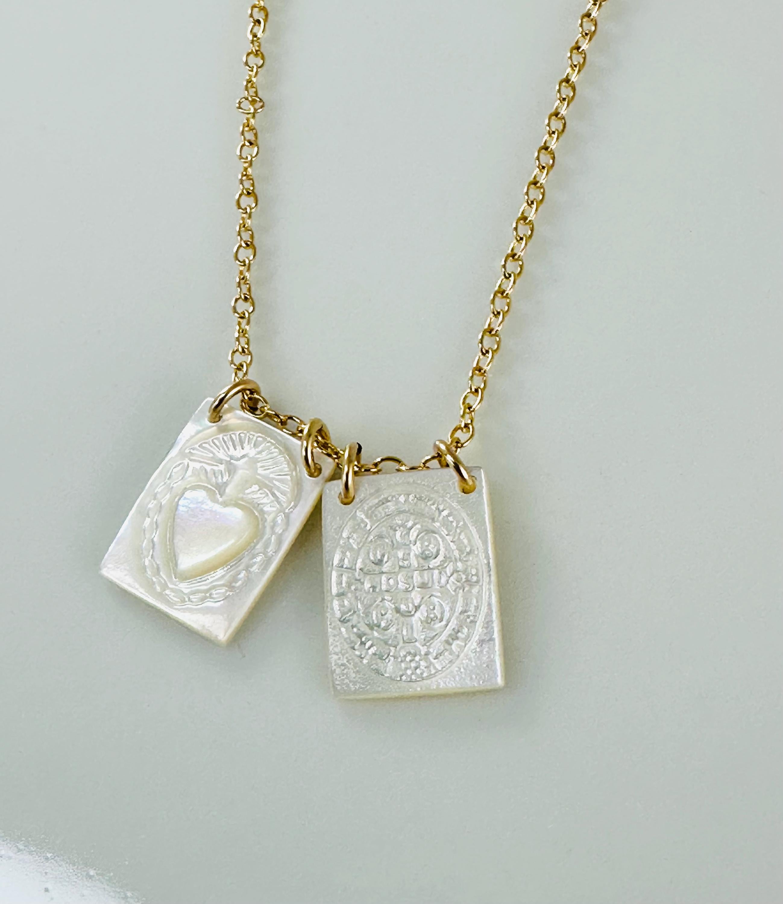Gold Mother of Pearl Scapular Necklace,sacred Heart Miraculous Virgin ...