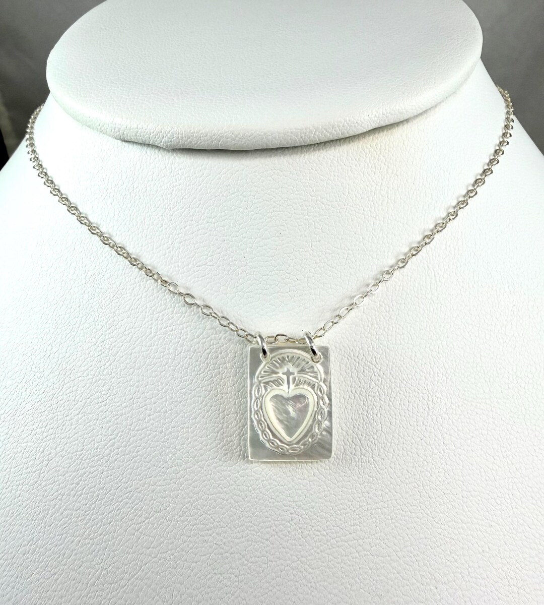 Sterling Mother of Pearl Scapular Necklace,sacred Heart Miraculous ...