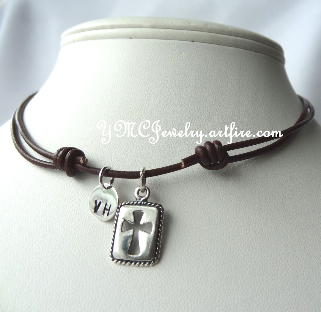 Silver Leather Rectangle Cross Necklace,boy's Cross Necklace,first ...