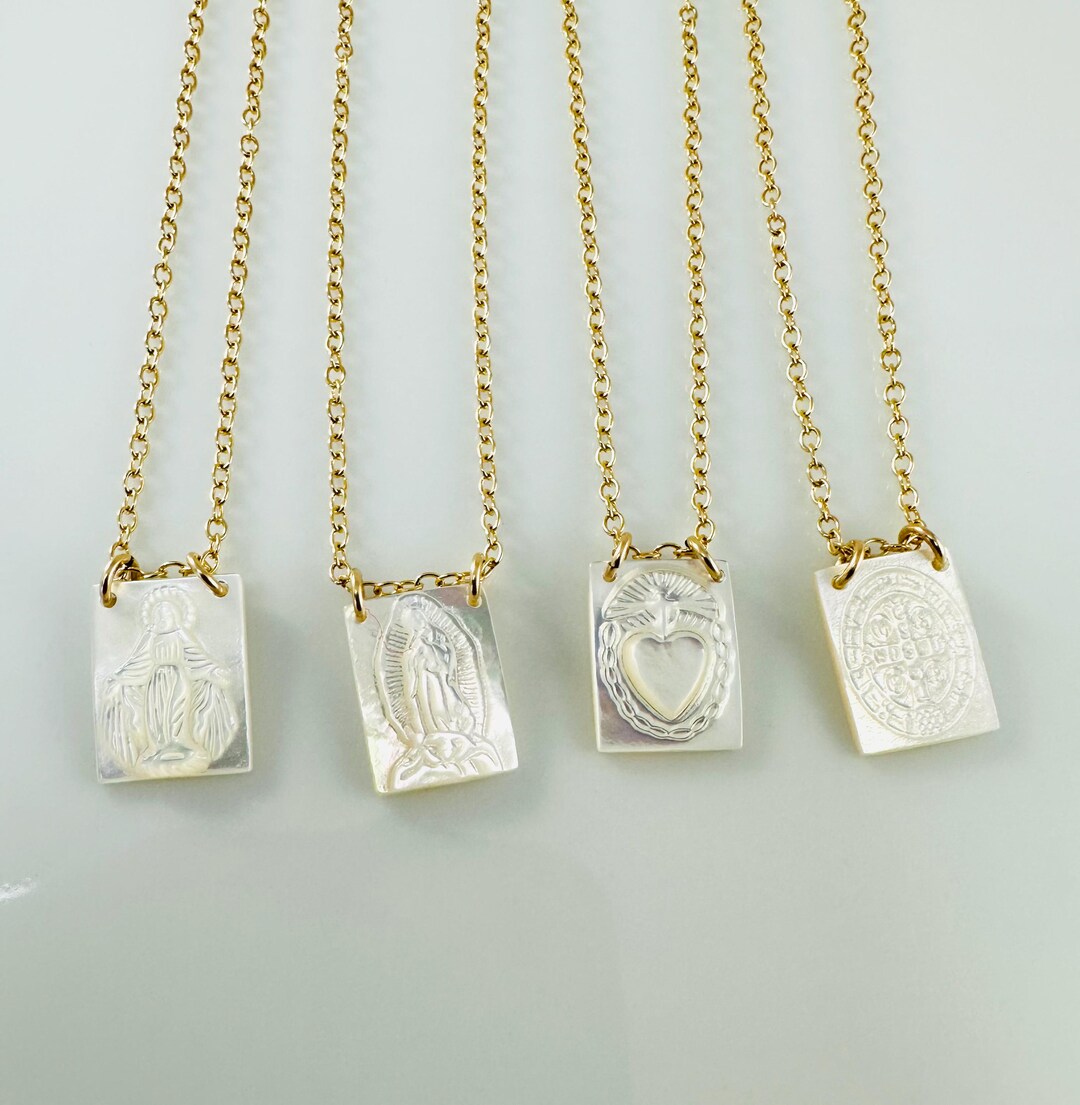 Gold Mother of Pearl Scapular Necklace,sacred Heart Miraculous Virgin ...
