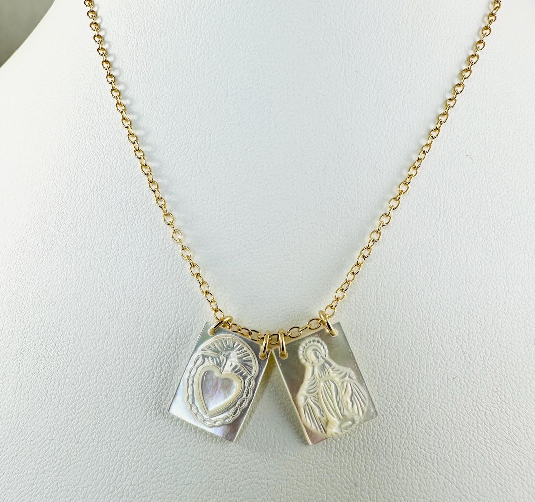 Gold Mother of Pearl Scapular Necklace,sacred Heart Miraculous Virgin ...