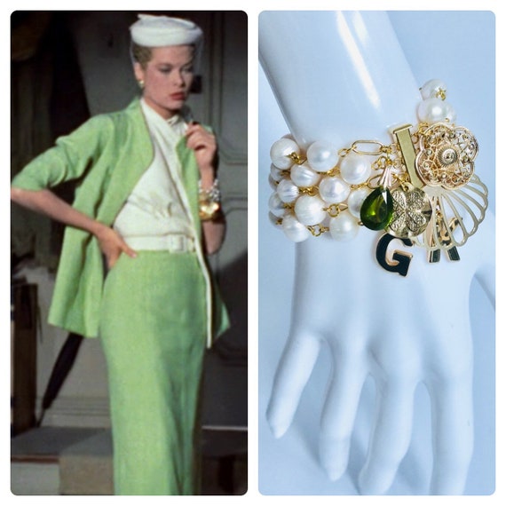 Grace Kelly Monogram Pearl 18K Gold Charm Bracelet With - Etsy