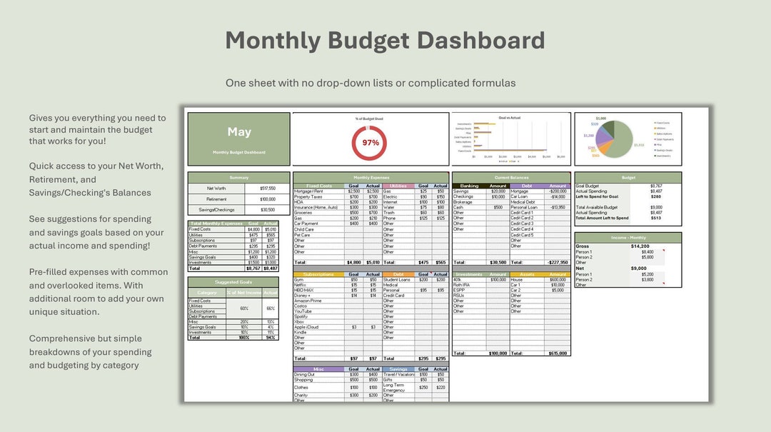 Simple Monthly Budget Dashboard - Etsy