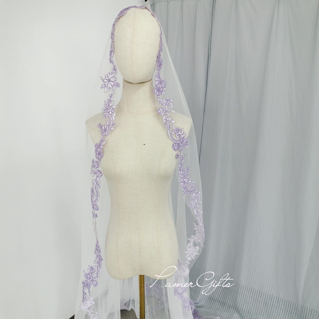 Mantilla Purple Lace Wedding Veil 90'' Chapel Custom Length Veil for ...