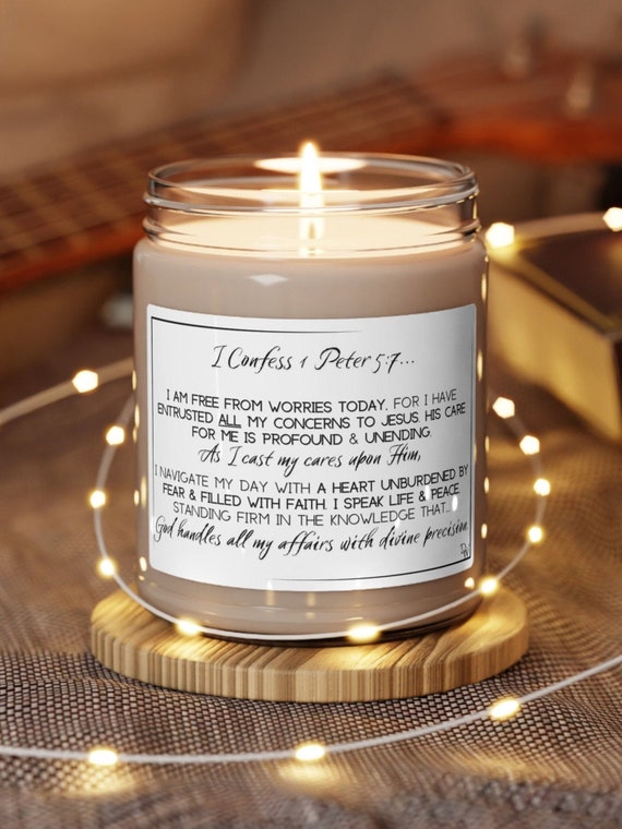 1 Peter 5 7 Personal Confession of Faith Prayer Candle Bible Verse Scripture Scented Soy Wax Candles Adult Baptism Gift Etsy