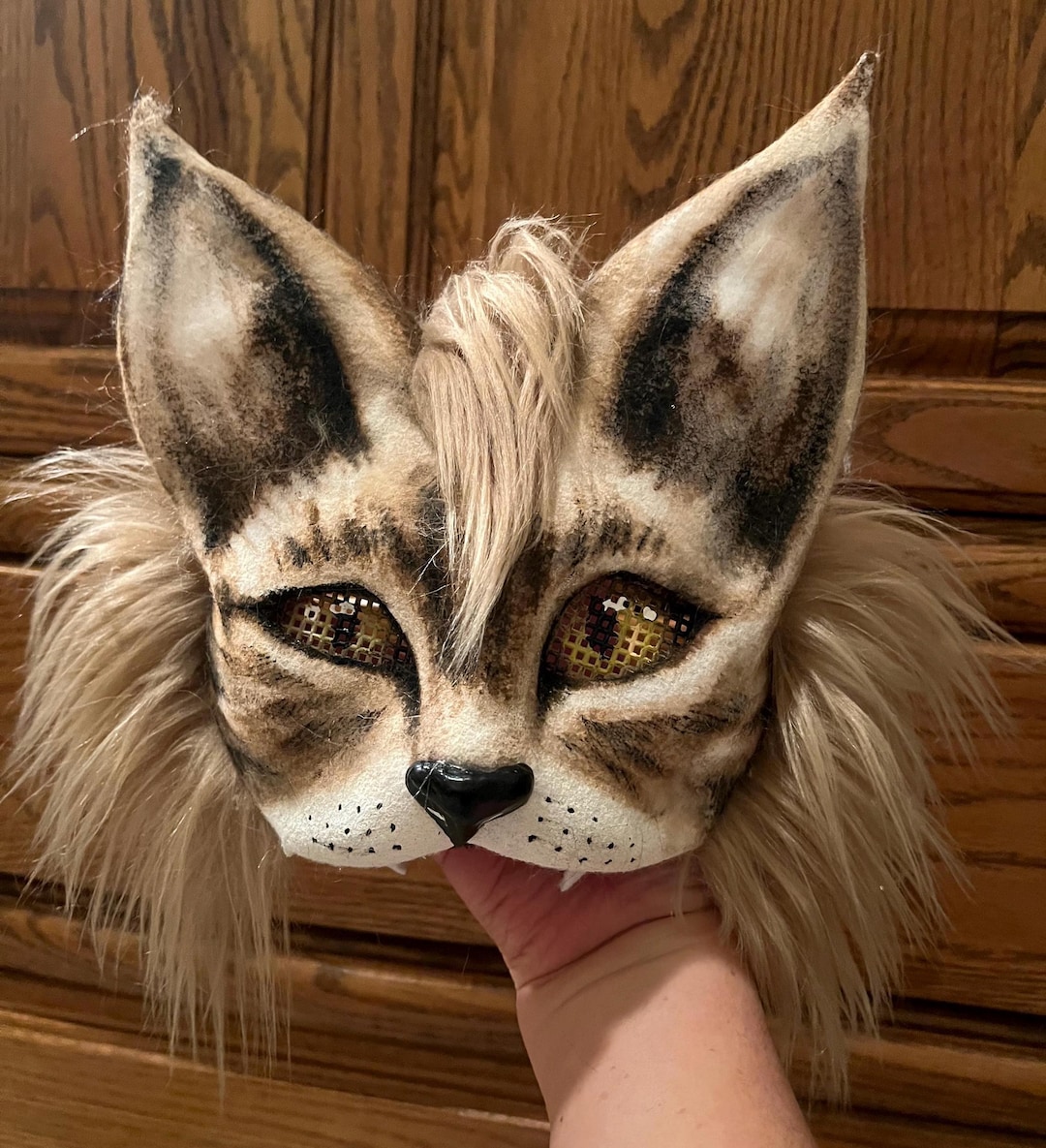 White and Brown Therian Kitty Cat Mask With Big Ears, Big Eyes, Faux ...