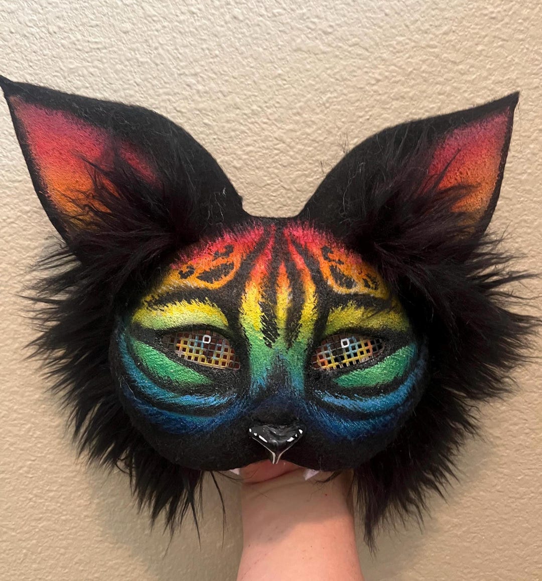 Rainbow Tribal Warrior Therian Cat Mask With Multi Colored Faux Fur ...