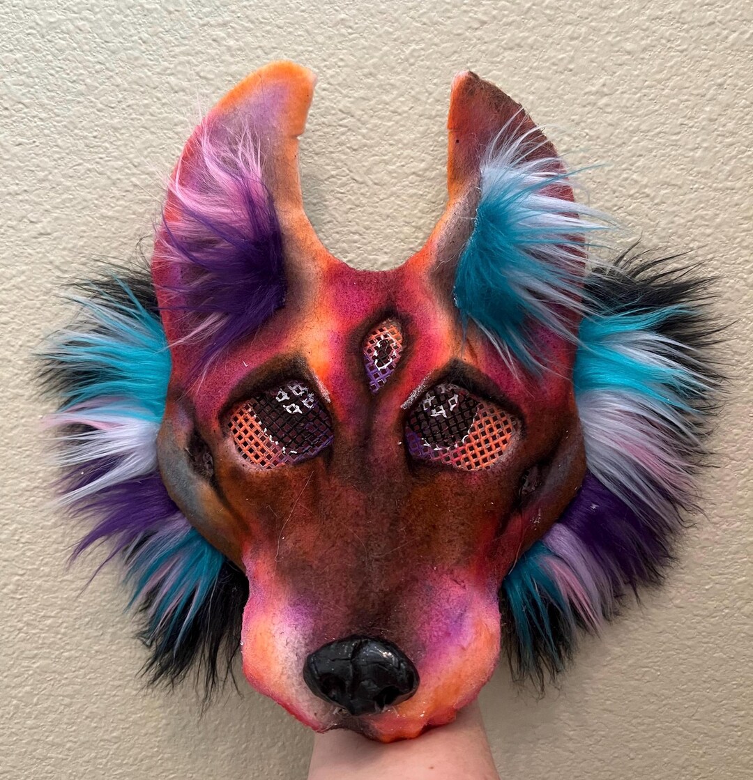 Rainbow Five Eyed Therian Dog Wolf Mask With Big Ears, Big Eyes and ...
