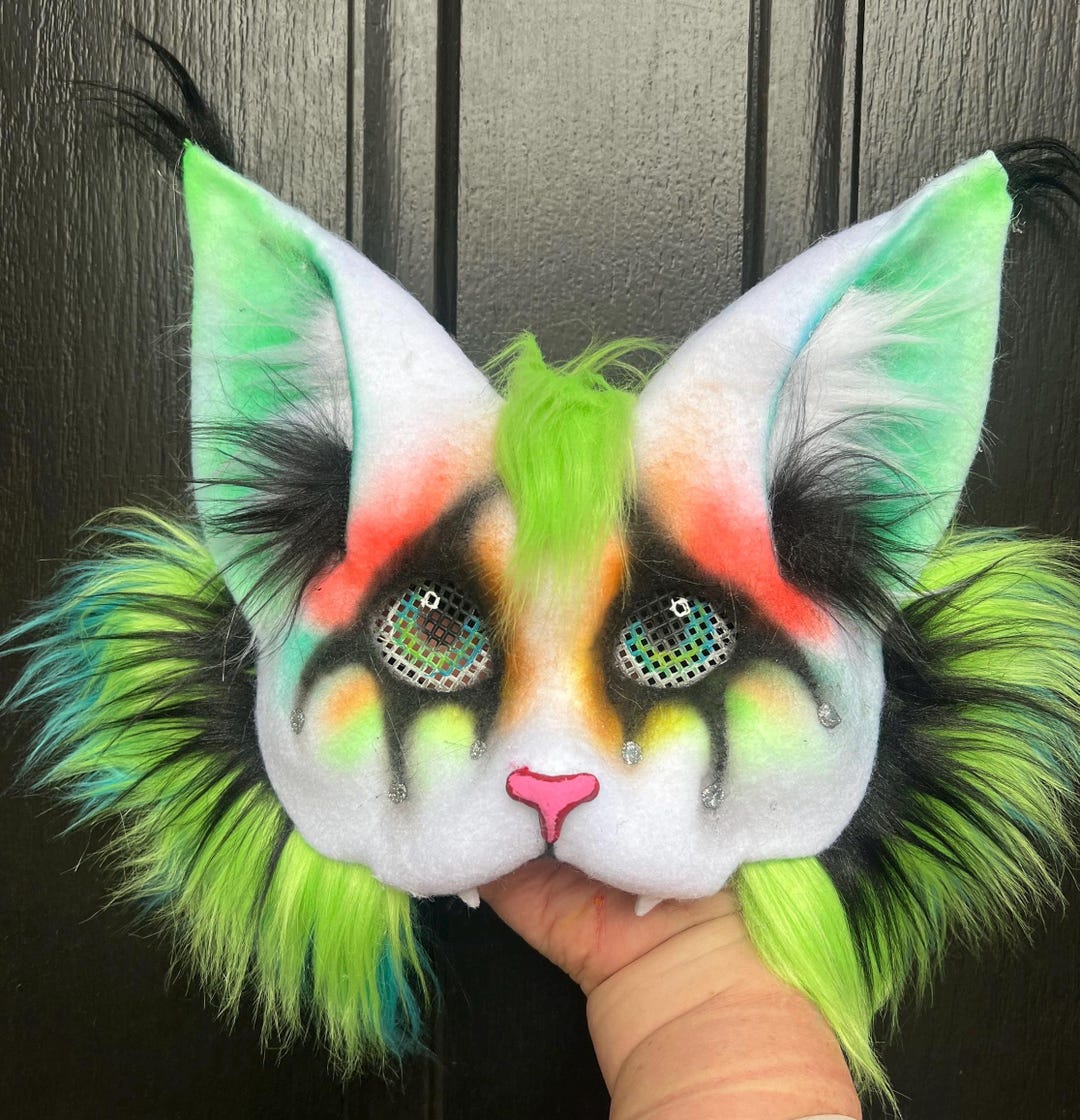 Clown Premade Therian Kitty Cat Mask With Multi Color Faux Fur, Big ...