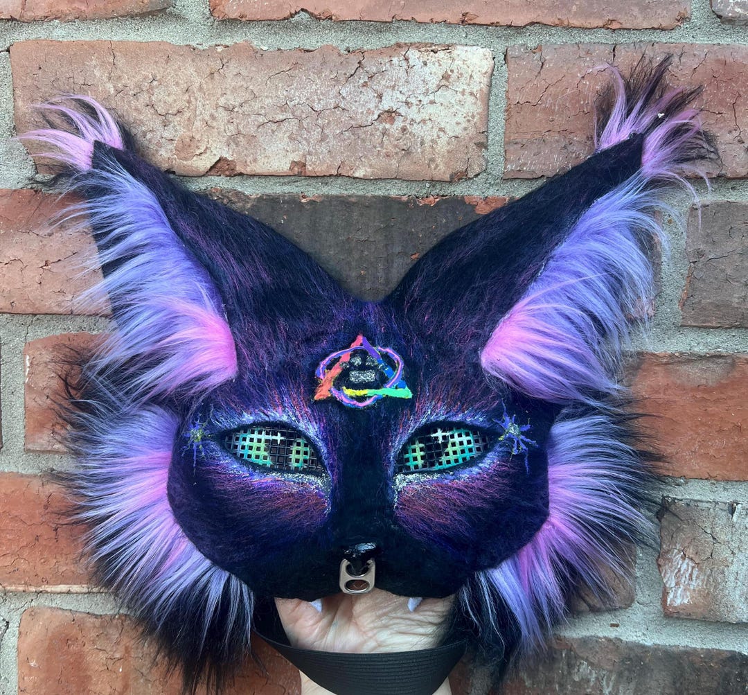 Premade Black With Pink and Purple Therian Kitty Cat Mask With Big Ears ...