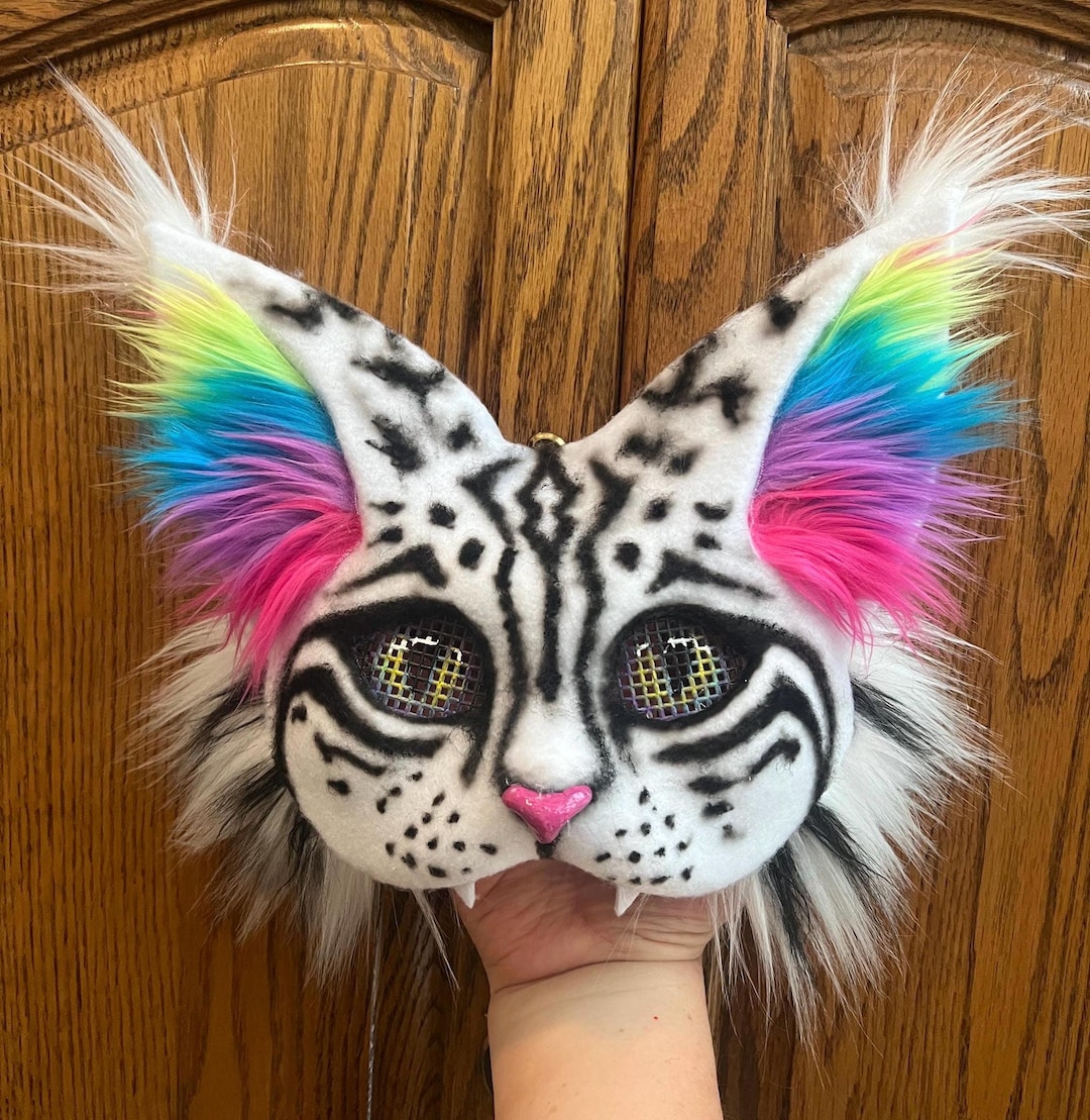 Rainbow Therian Cat Mask With Multi Colored Faux Fur, Big Ears, Big ...