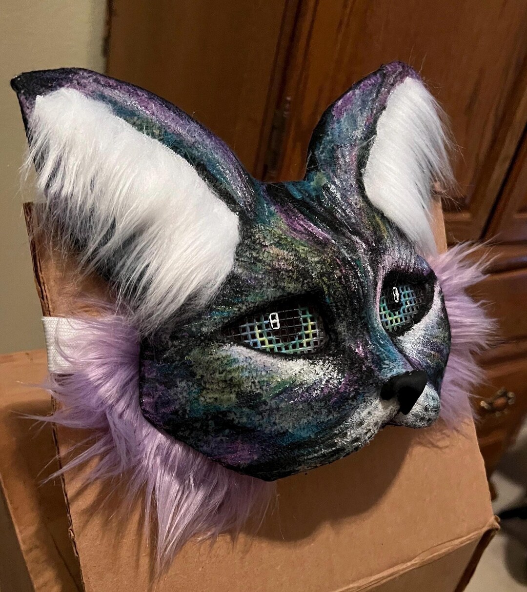 Multi Color Rainbow Therian Kitty Cat Mask With Big Eyes, Big Ears ...