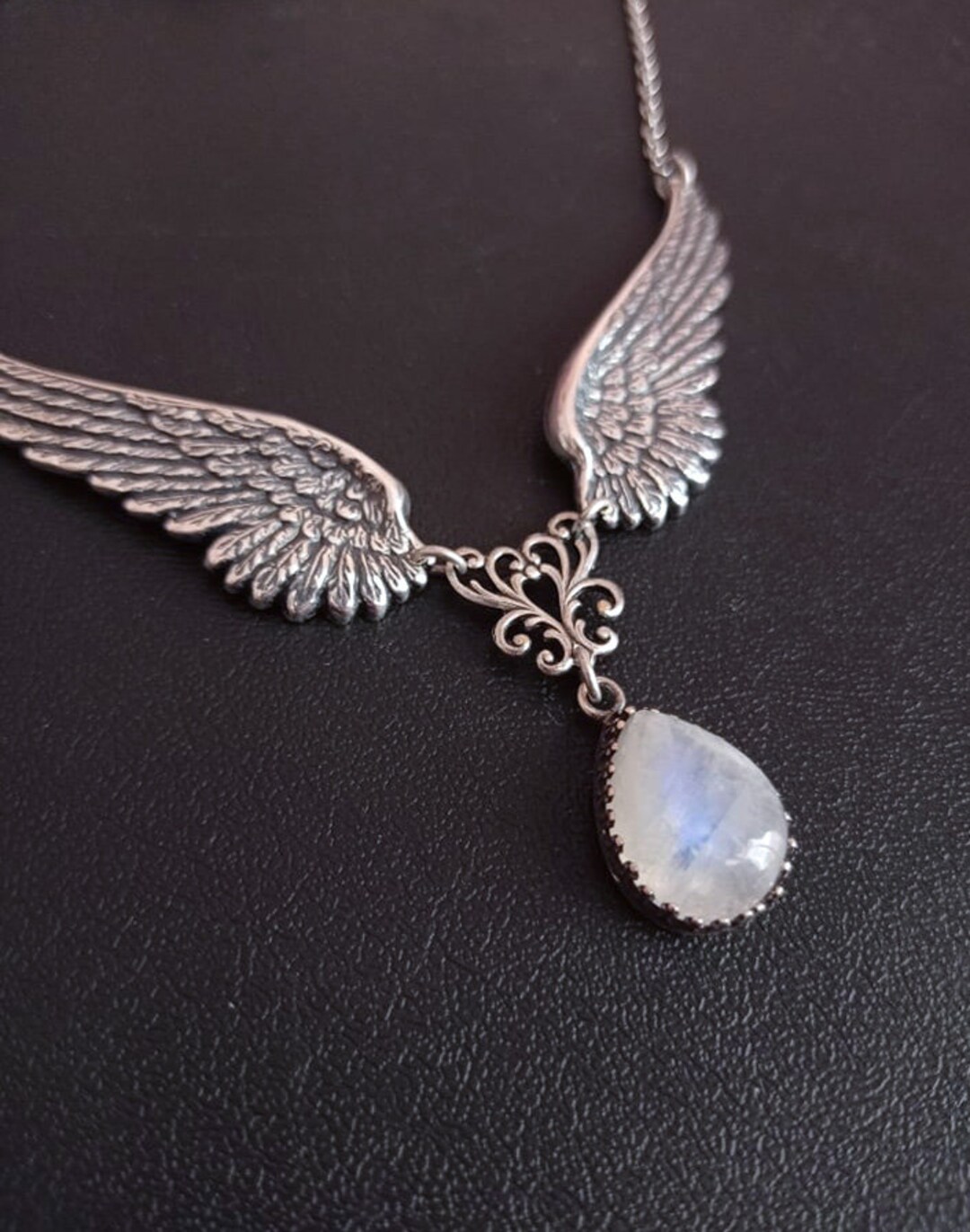 Moonstone Angel Wings Necklace Gothic Jewelry Silver Drop Necklace ...