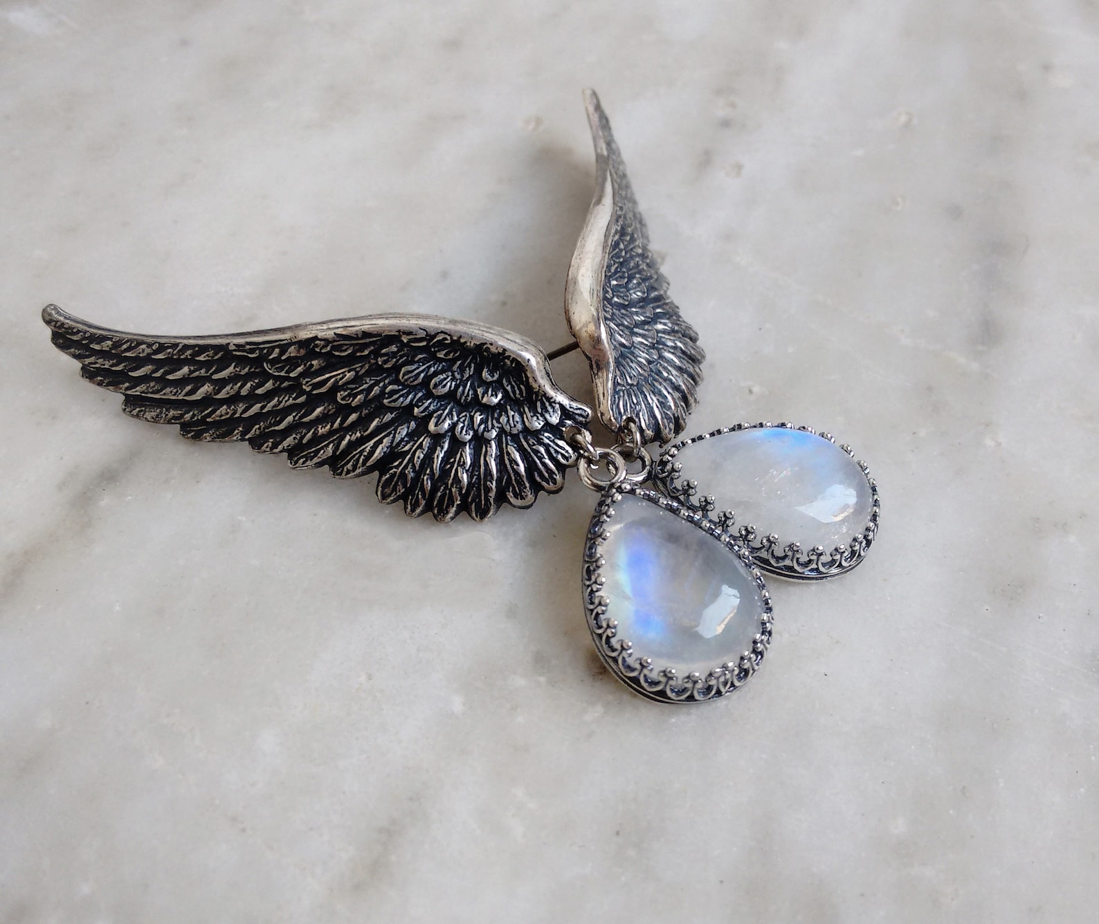 Moonstone Angel Wings Necklace Gothic Jewelry Silver Drop - Etsy