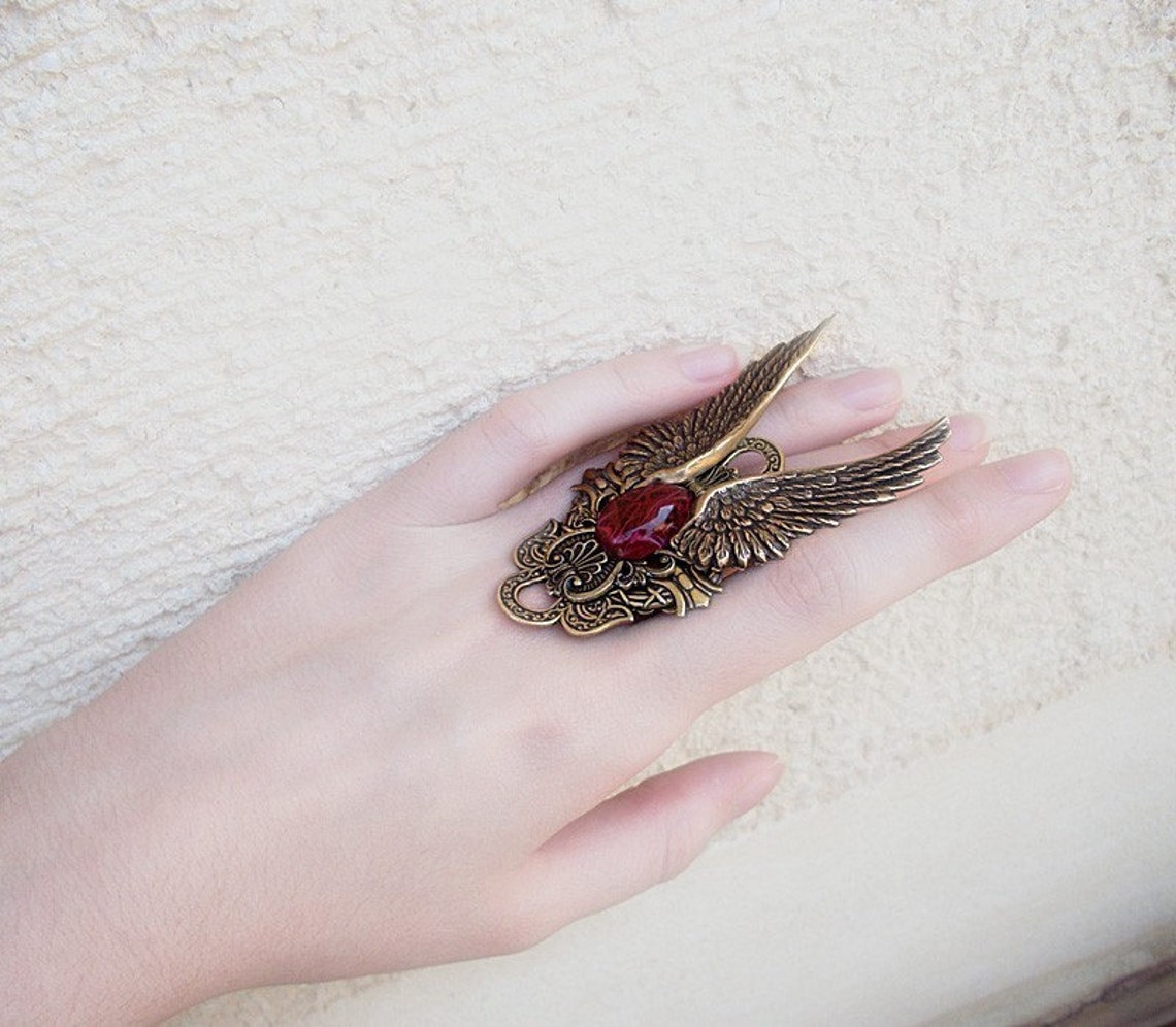 Large Angel Wings Ring // Antique Gold Statement Red Ring // - Etsy