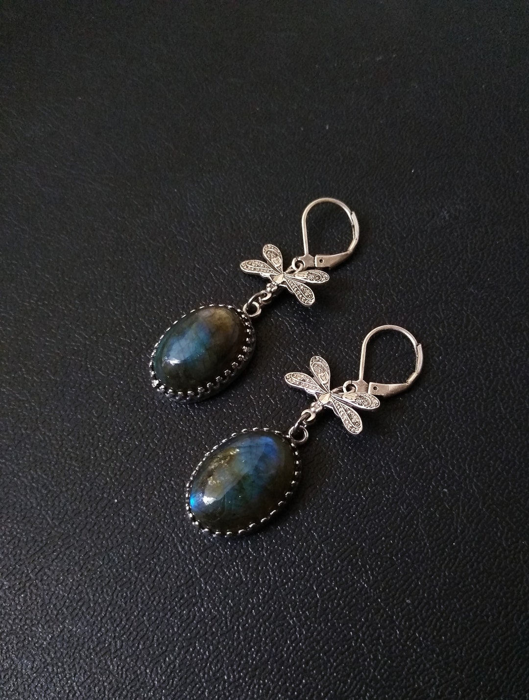 Silver Labradorite Dangle Earrings, Gothic Jewelry, Dragonfly Jewelry ...