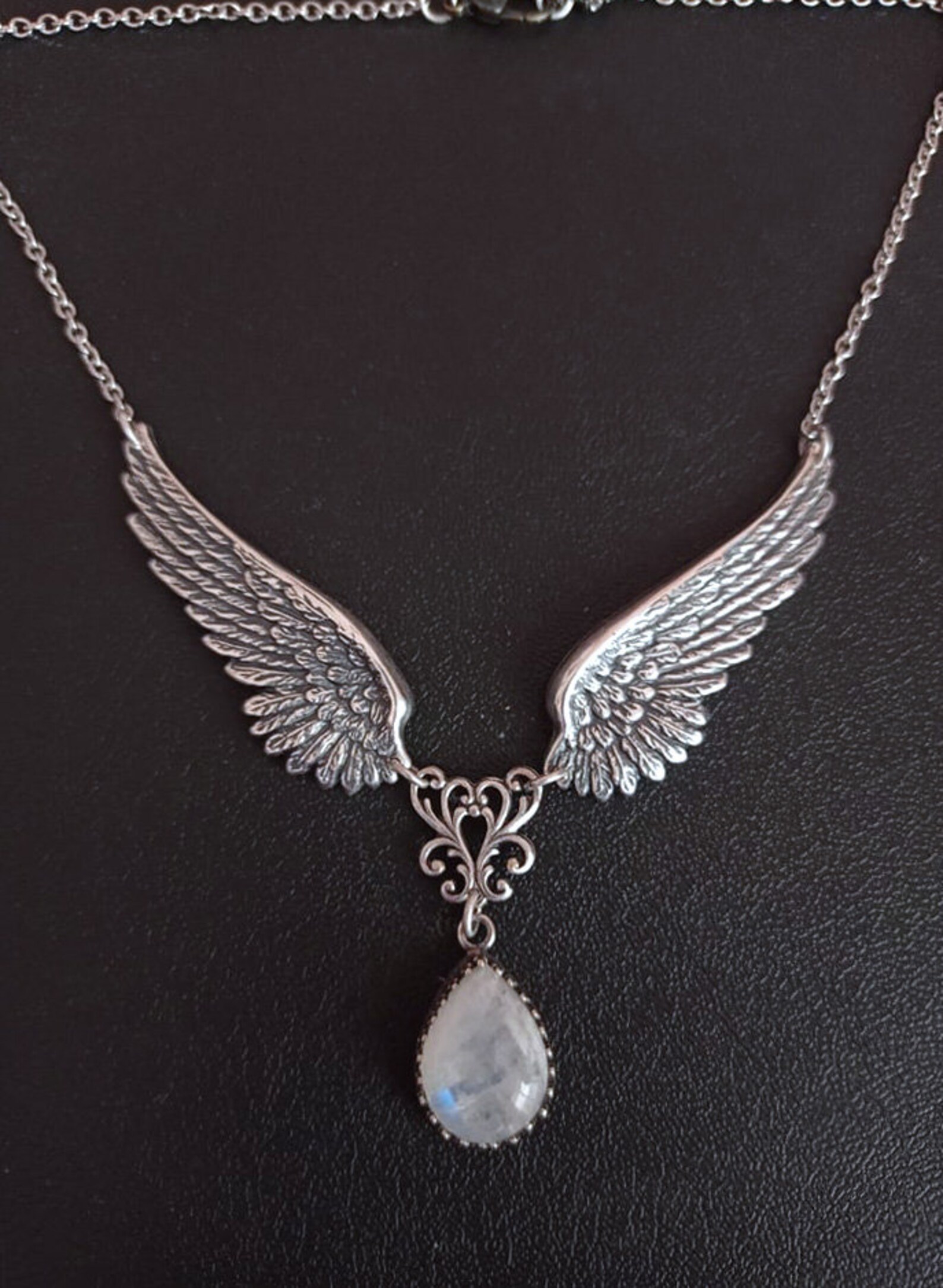 Moonstone Angel Wings Necklace Gothic Jewelry Silver Drop - Etsy