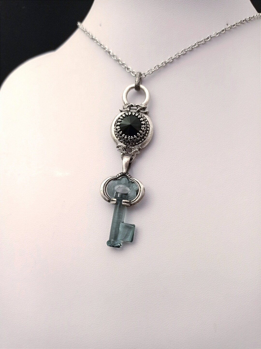 Crystal Key Necklace, One of a Kind Silver Necklace, Silver Key Pendant ...