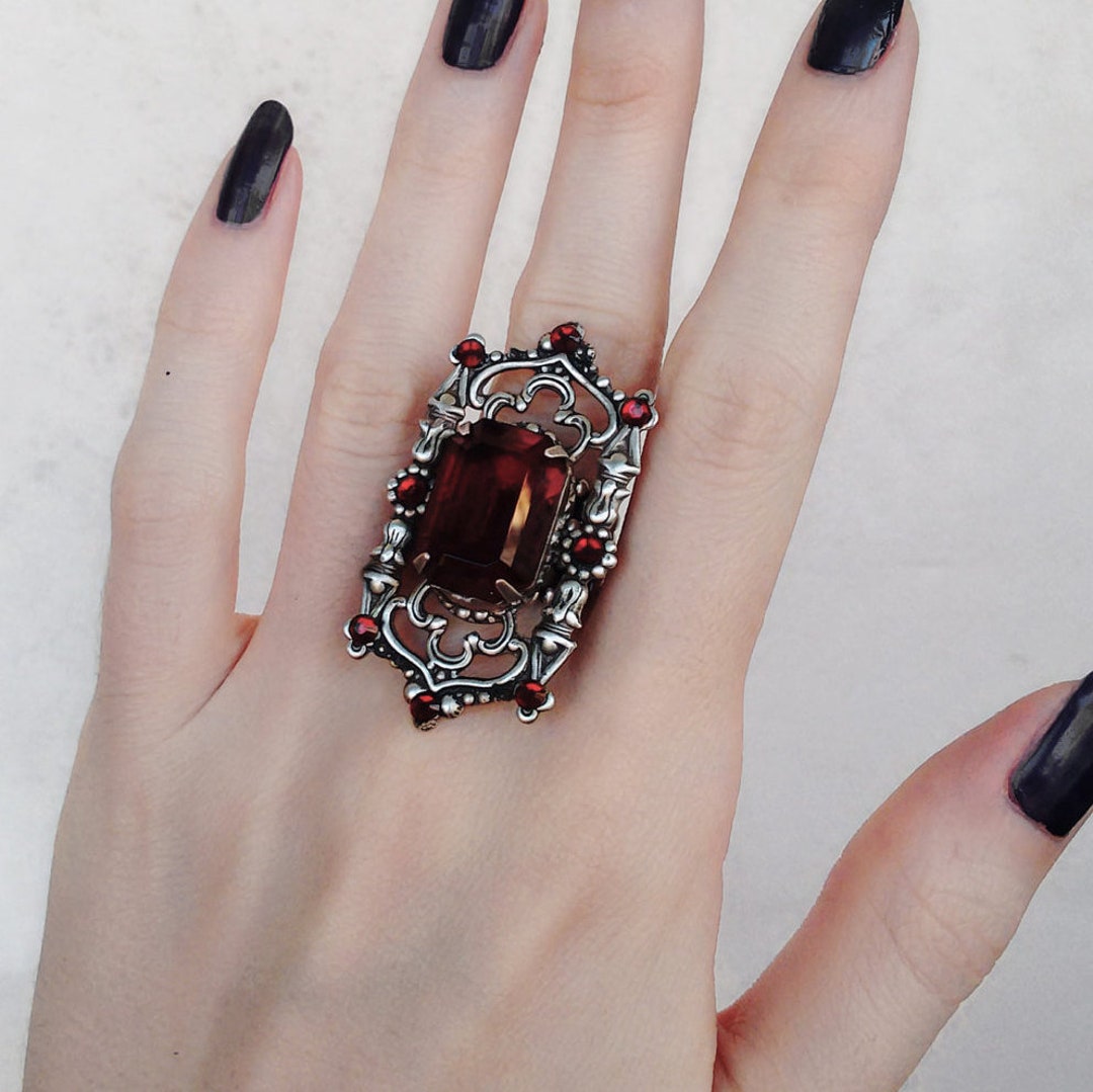 Red Octagon Crystal Ring, Gothic Ring, Vampire Jewelry, Victorian ...