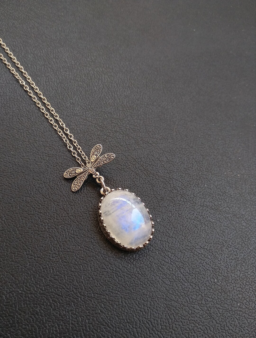 Blue Moonstone Necklace, Gothic Jewelry, Silver Necklace, Dragonfly ...
