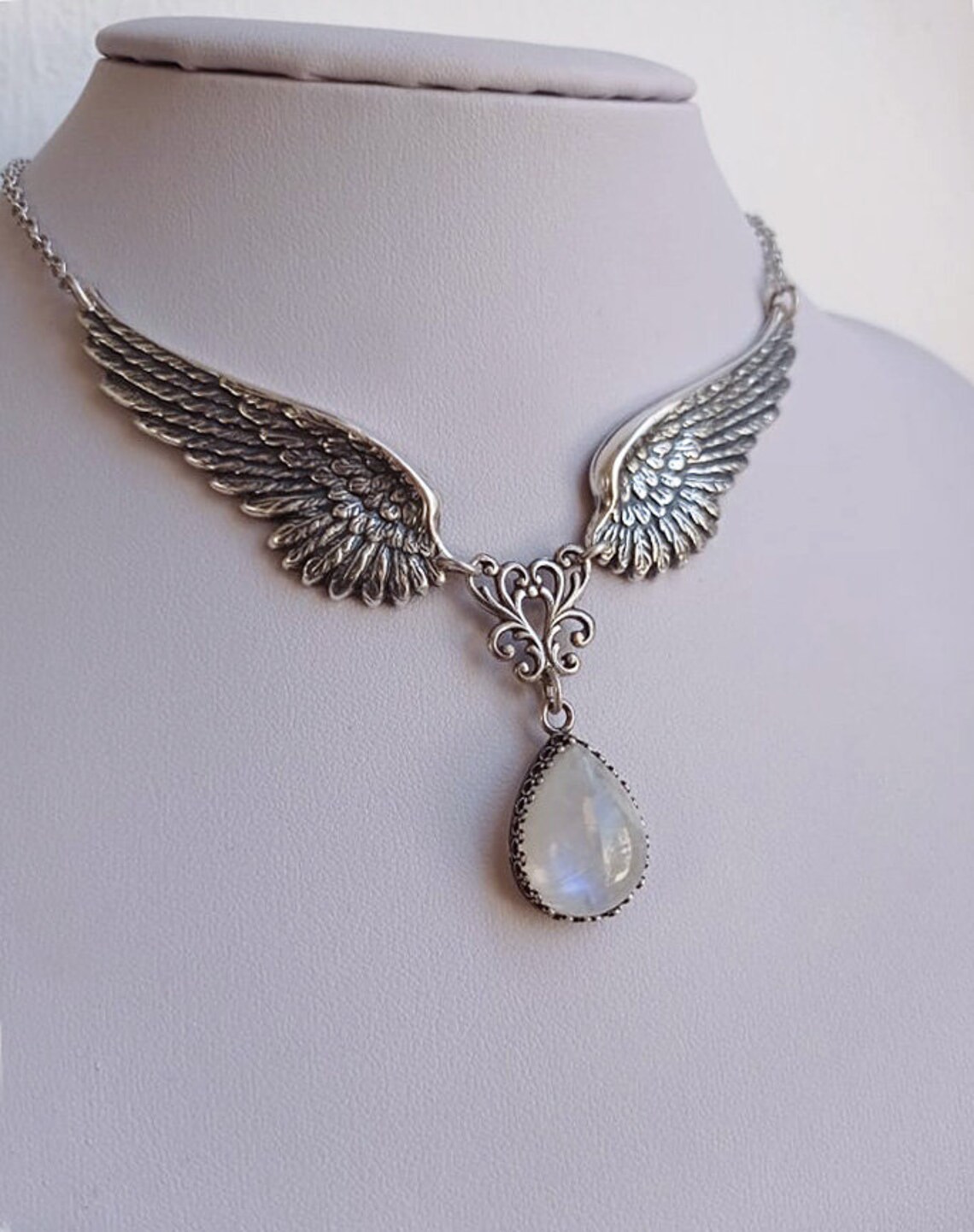 Moonstone Angel Wings Necklace Gothic Jewelry Silver Drop - Etsy