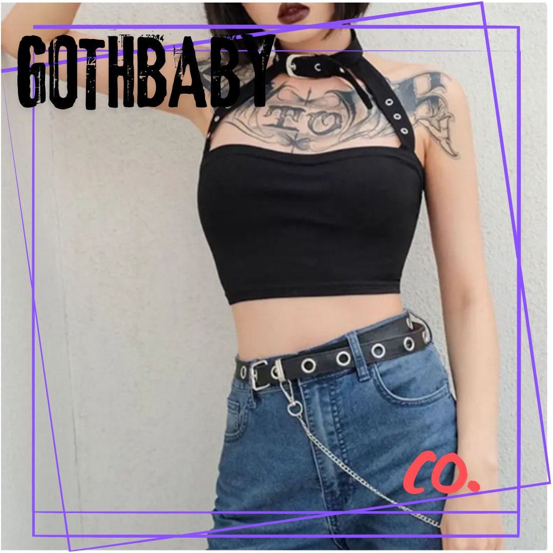 GOTHBABY Black Gothic Crop Top With Choker and Strap Detail - Etsy