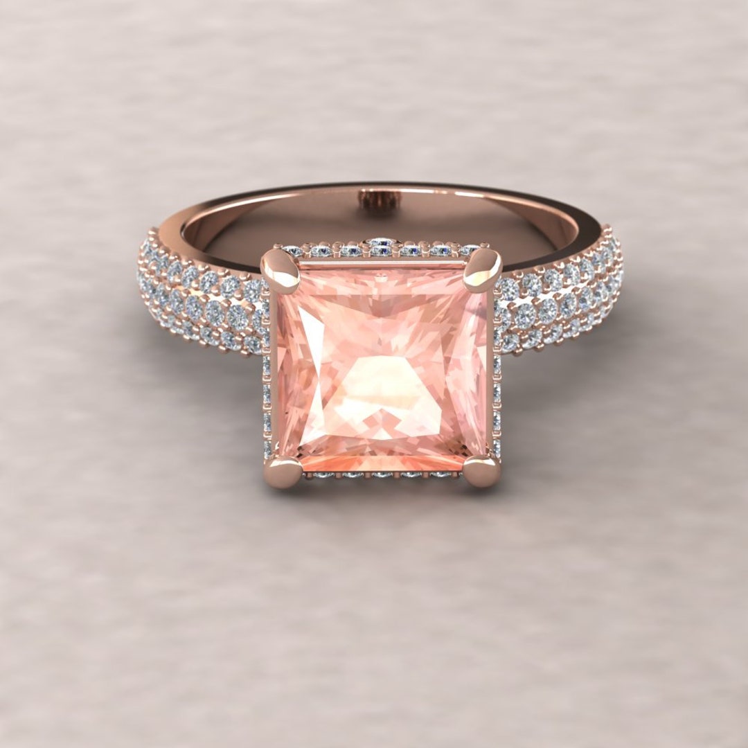 Princess Morganite Triple Shank Ring With Hidden Halo and Golden Hearts ...