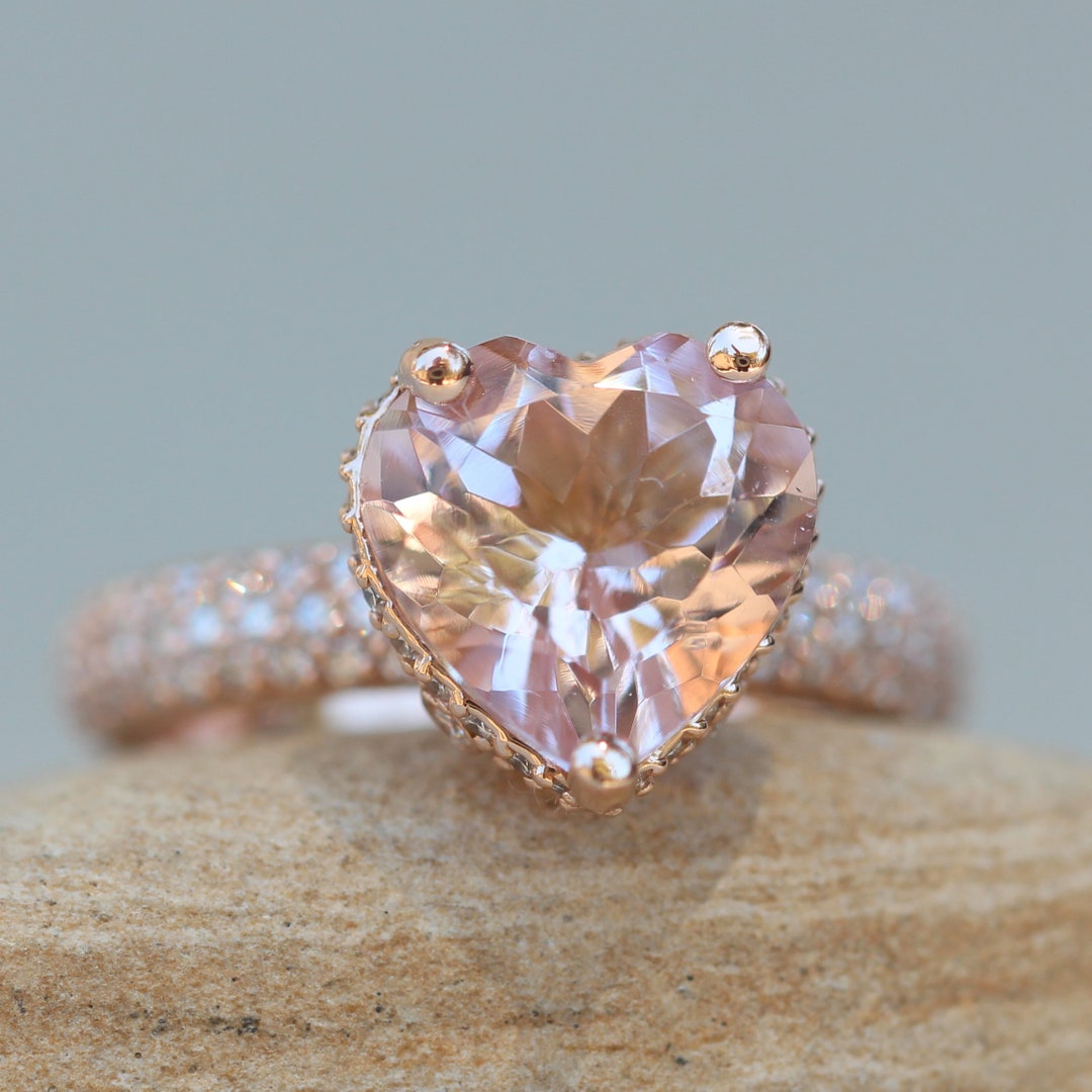 Light Pink Heart Morganite Ring, Gold Hearts, Hidden Halo Triple Shank ...
