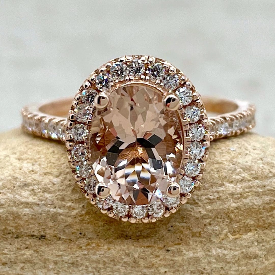 Oval Morganite Engagement Ring With Diamond Halo and Cathedral Shank ...