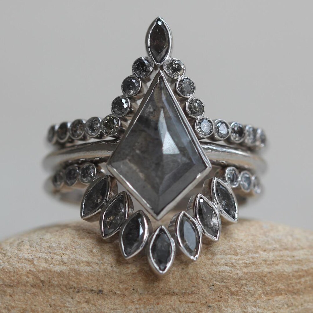 Kite Salt and Pepper Ring, Bezel Set Diamond With Two Marquise Bands ...